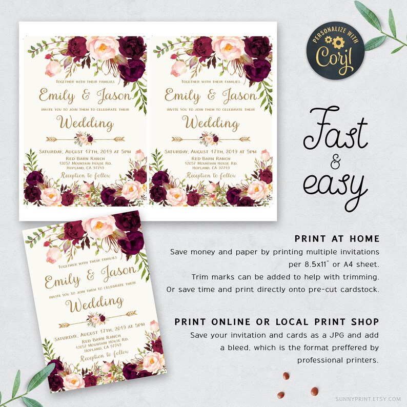 Burgundy Wedding Invitation Floral Wedding Invite Template - Etsy