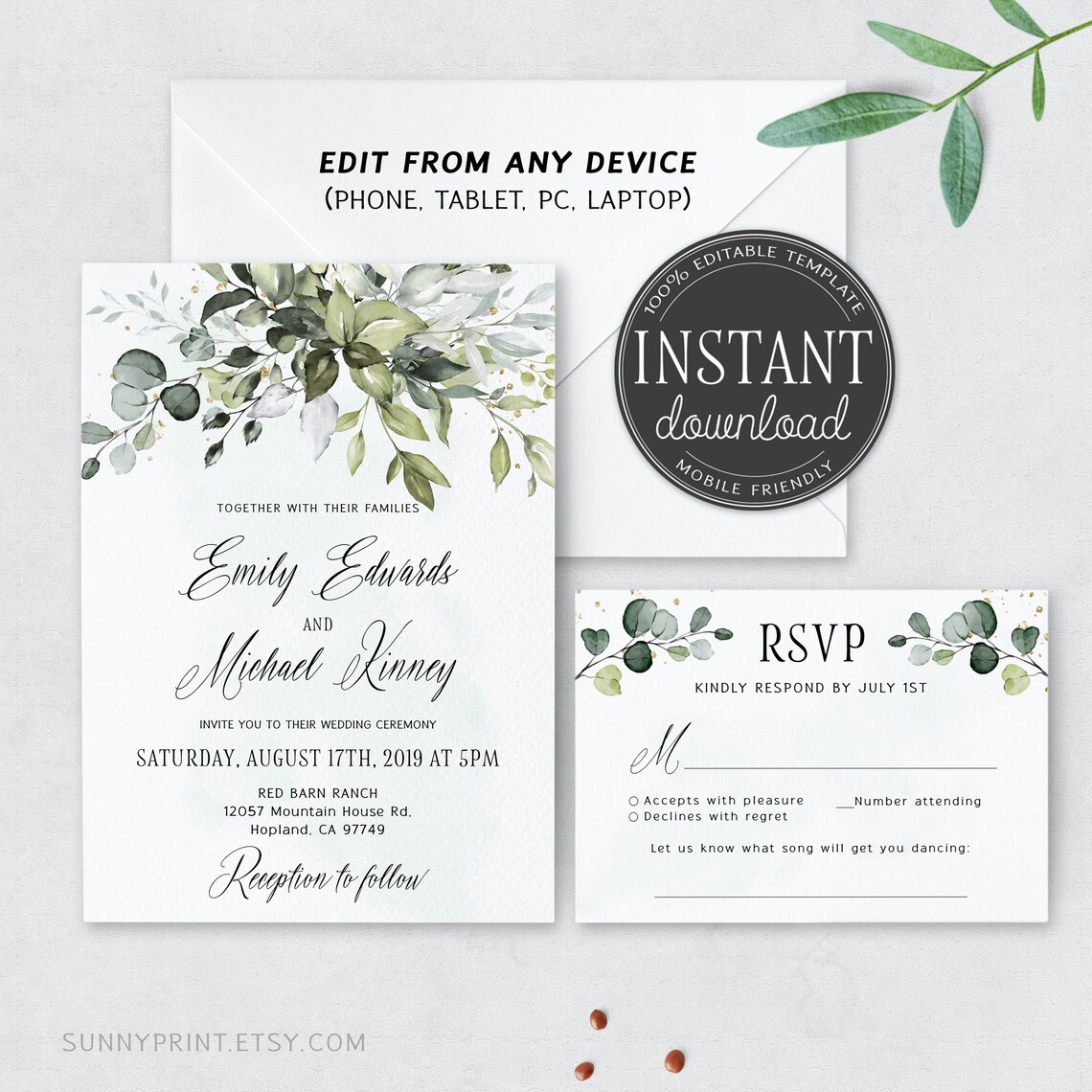 Greenery Wedding Invitation Template Printable Wedding | Etsy