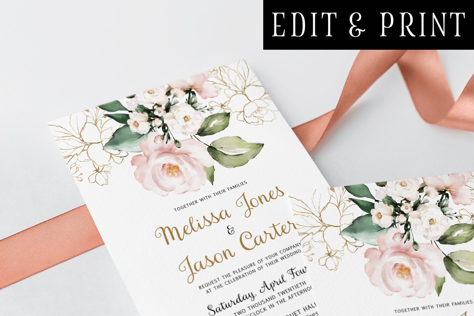 Blush Gold Wedding Invitation Printable Invitation Template | Etsy