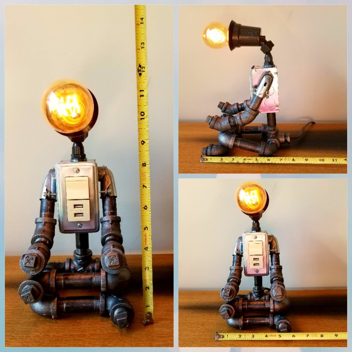 The Meditator Industrial Pipe Robot Lamp With USB Ports - Etsy