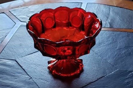 Red Vintage Glass Bowl, Red Coin and Dot Pedestal Bowl, Christmas Candy ...