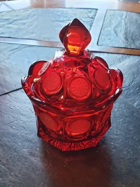 Red Glass Covered Candy Dish, Trinket Jar, Red Coin Glass Sugar Bowl ...