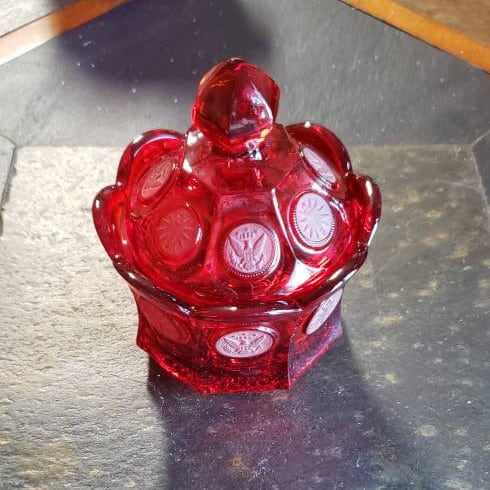 Red Glass Covered Candy Dish, Trinket Jar, Red Coin Glass Sugar Bowl ...