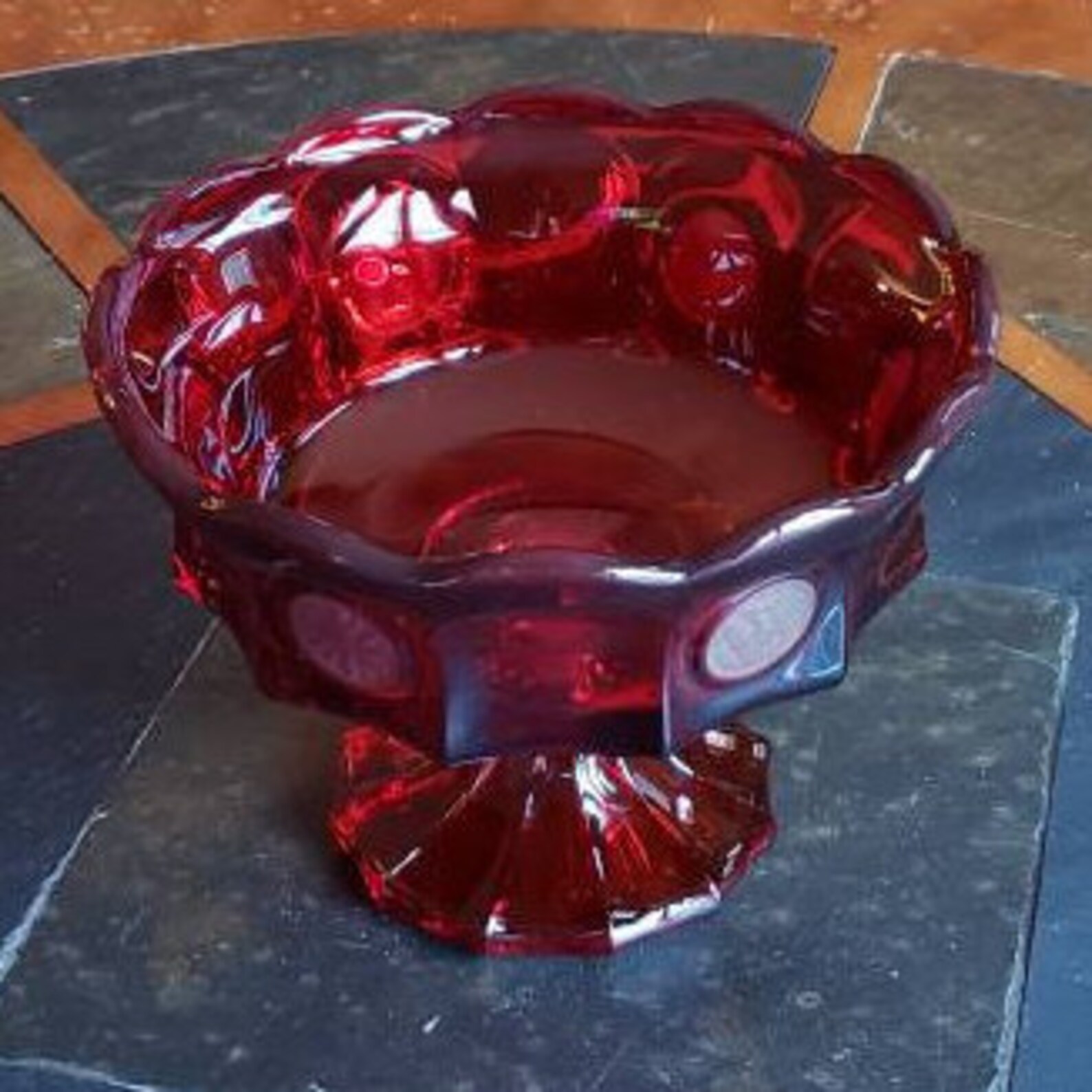 Red Vintage Glass Bowl, Red Coin and Dot Pedestal Bowl, Heavy Red Glass ...
