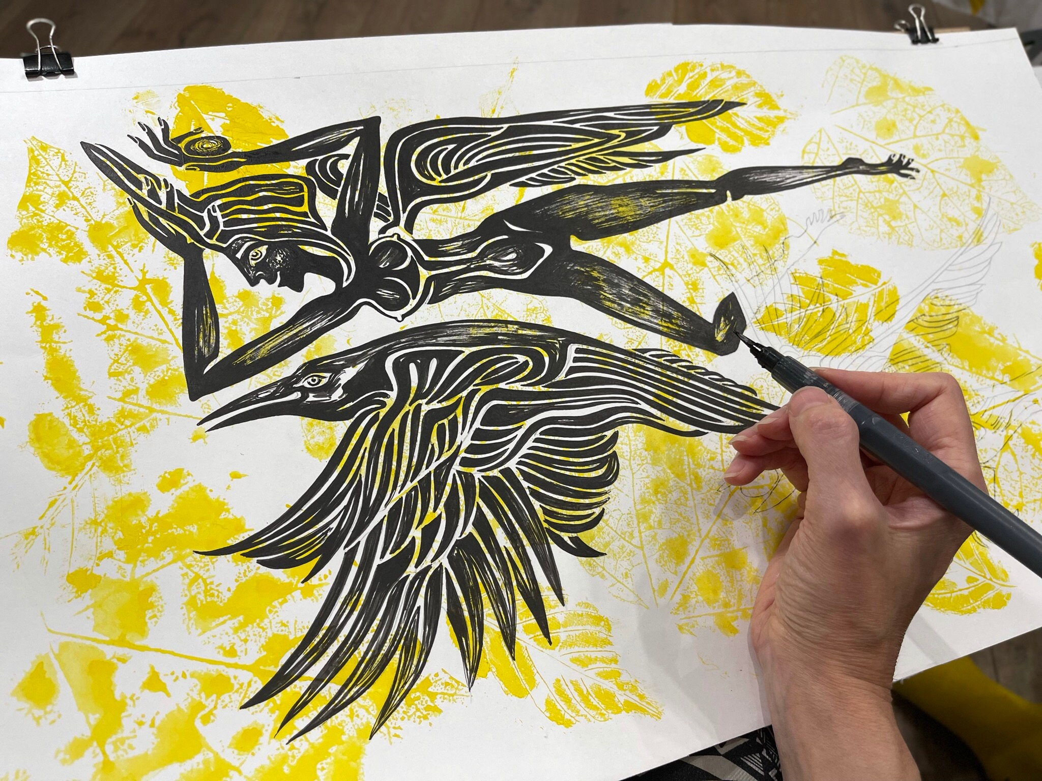 ORIGINAL Autumn Angels Artwork for Living Room Ink Painting Christian ...