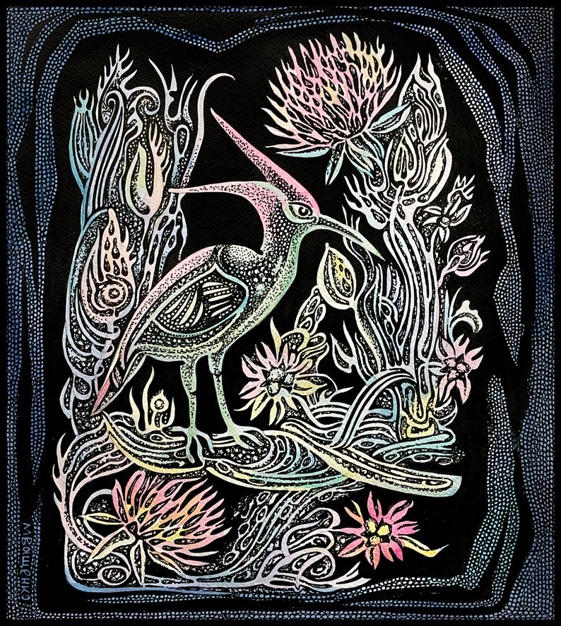 Fantastic Bird and Artichoke Botanical Art, Bird Wall Art, Hand-drawn ...