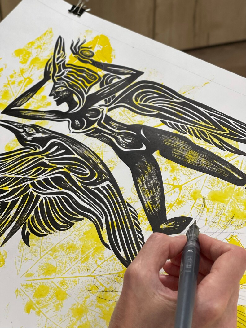 ORIGINAL Autumn Angels Artwork for Living Room Ink Painting Christian ...