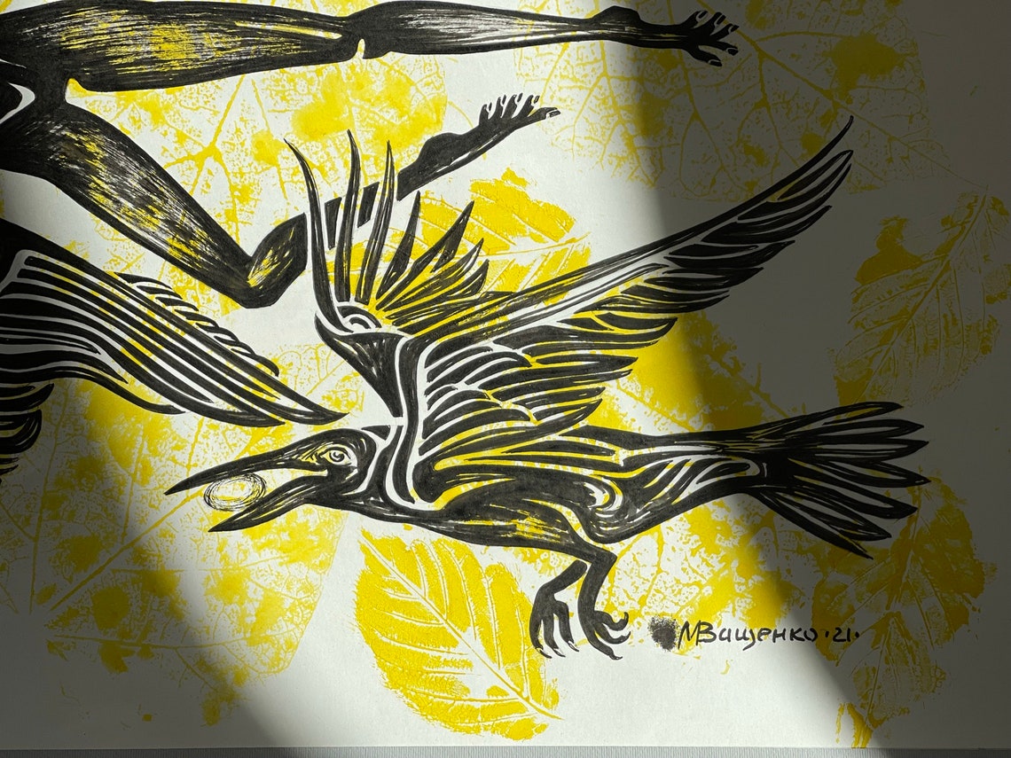 ORIGINAL Autumn Angels Artwork for Living Room Ink Painting Christian ...