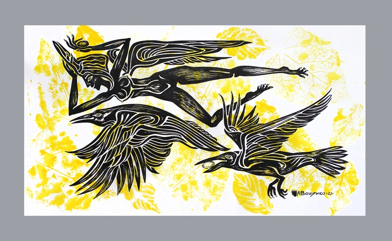 ORIGINAL Autumn Angels Artwork for Living Room Ink Painting Christian ...