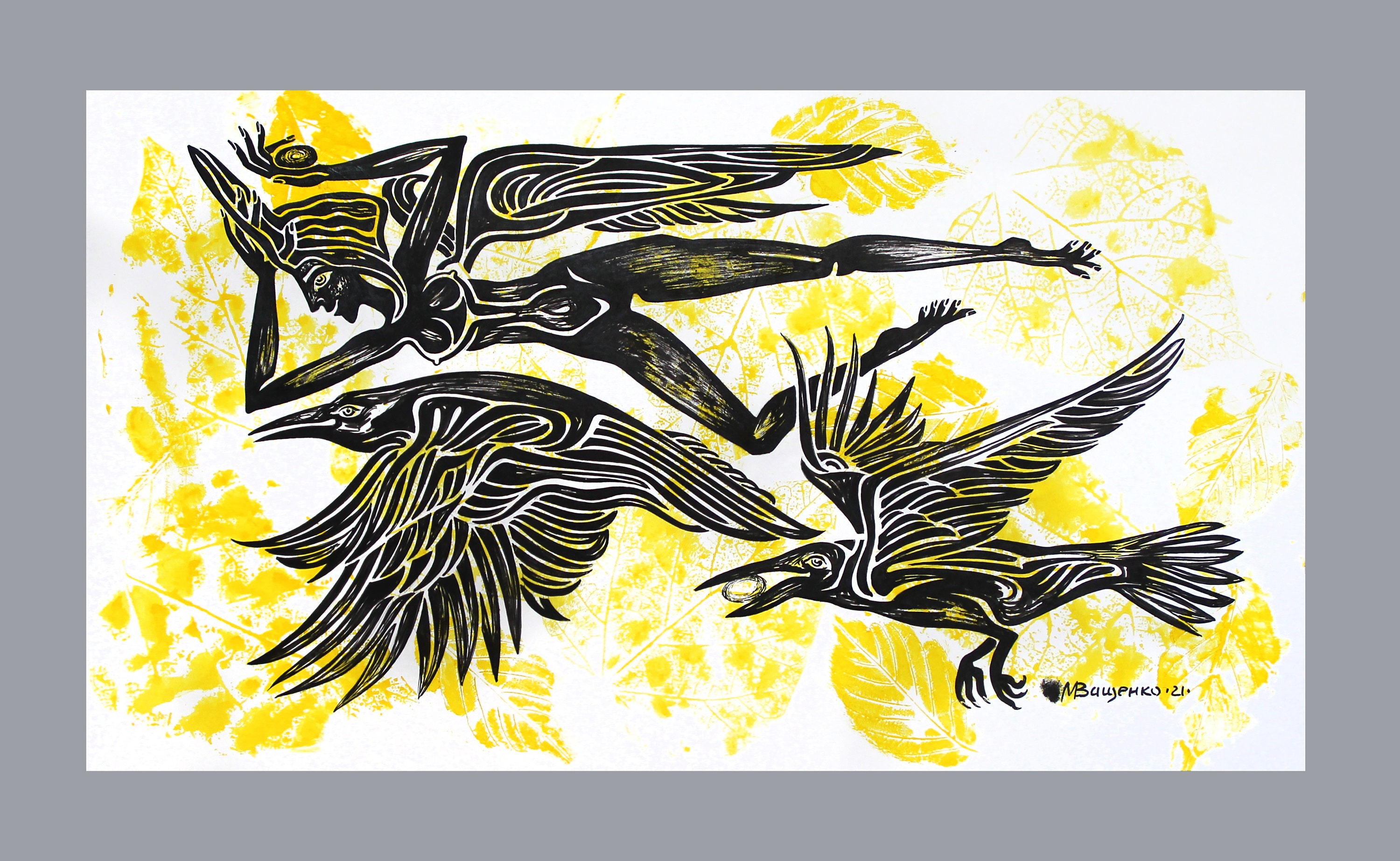 ORIGINAL Autumn Angels Artwork for Living Room Ink Painting Christian ...