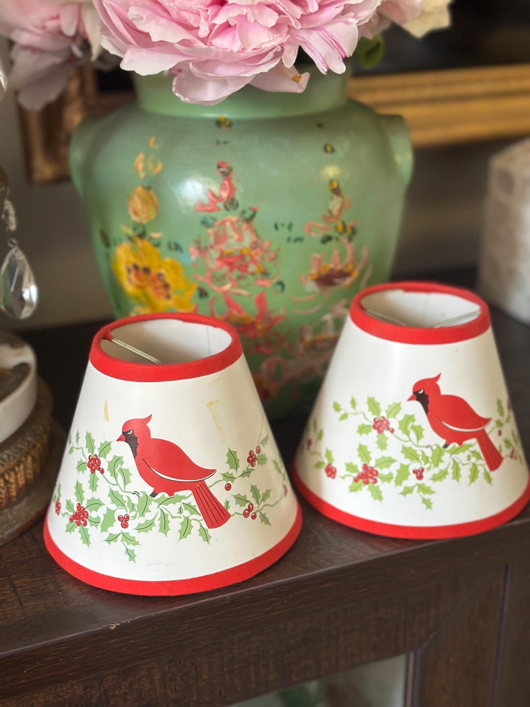 PAIR (2) Vintage Small Sconce Lamp Shades - Christmas Holiday Cardinal ...