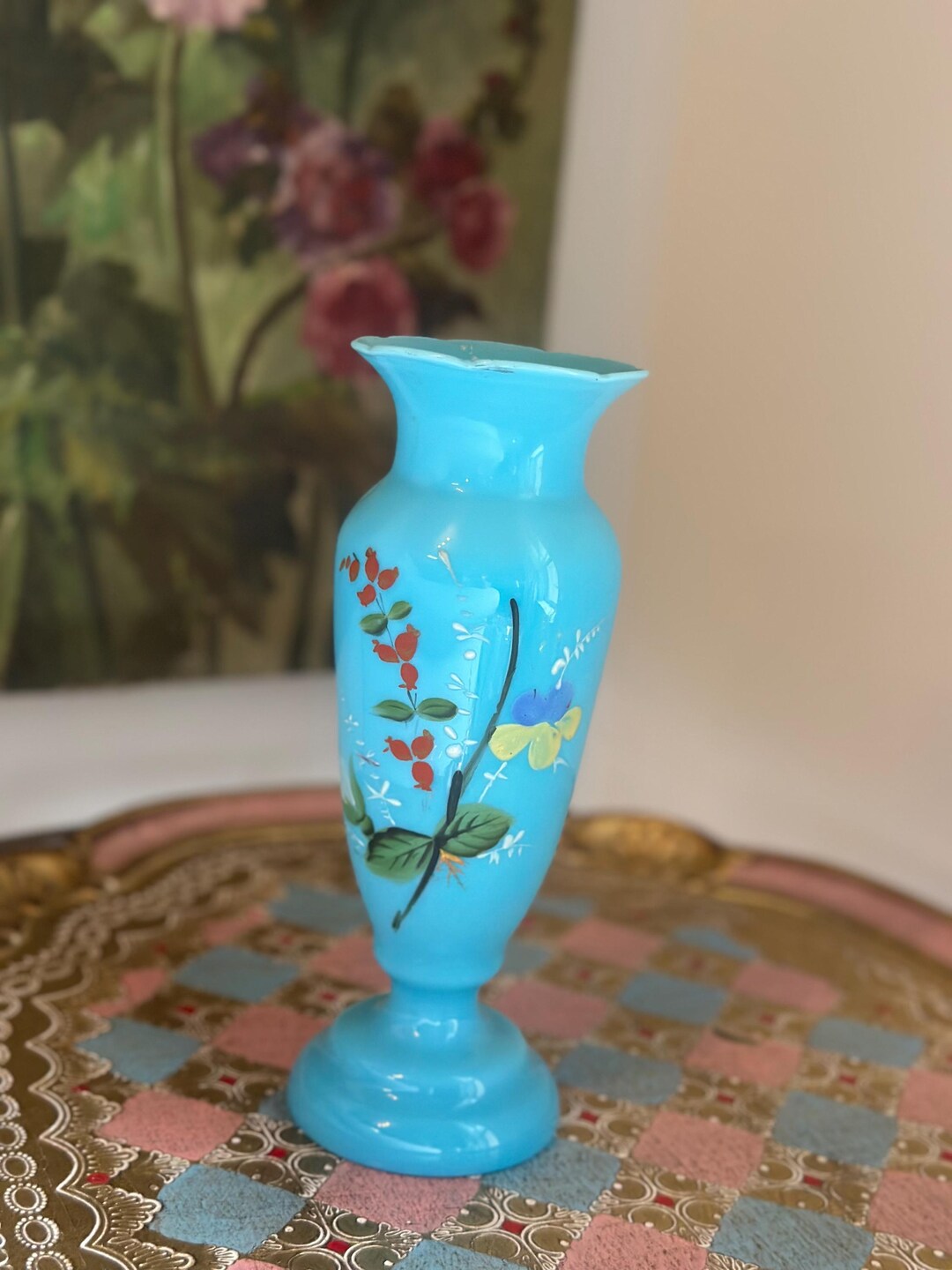 Vintage BLUE Bristol Glass Vase - Hand Painted Glass Floral Vase - Etsy