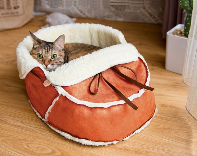 Sherpa Moccasin Shoe Cat Bed in Orange: Cozy Warm Pet Bed, Bunny Bed ...