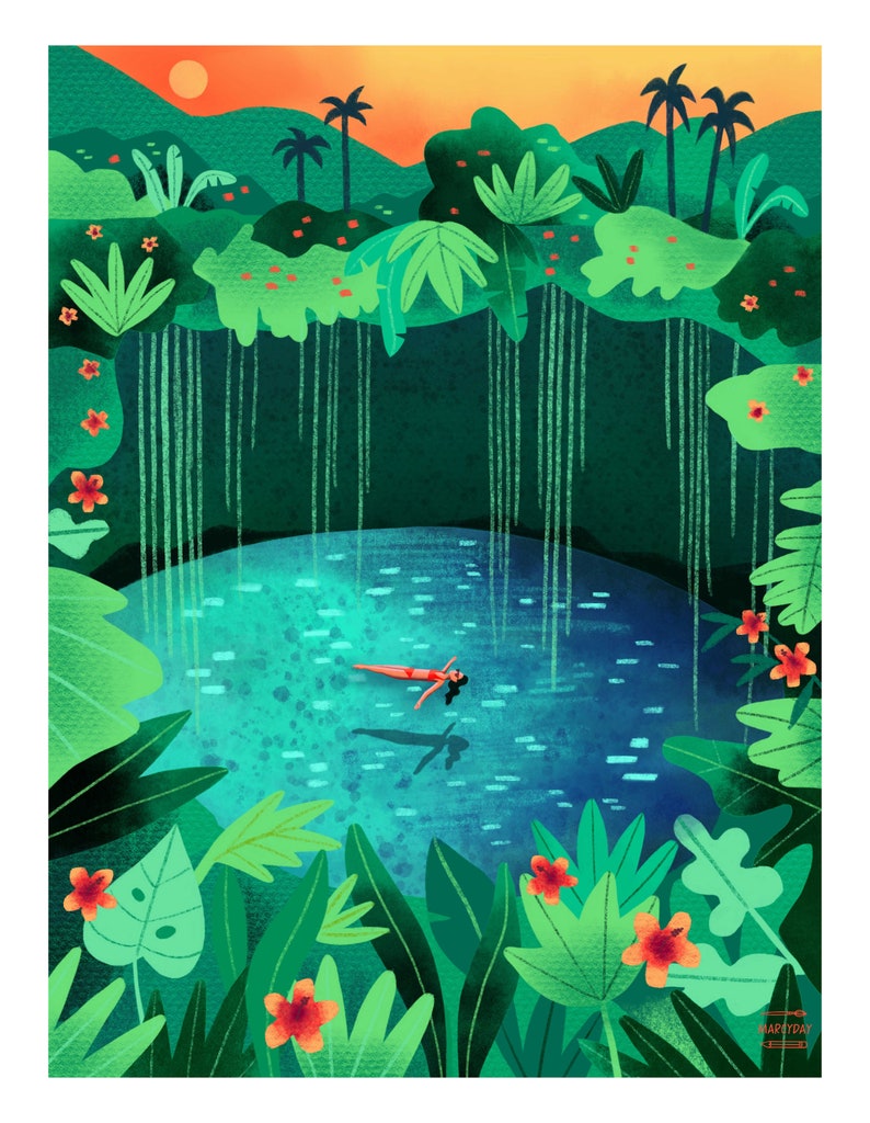 Floating // Mexico Cenote // Illustration // Art Print // | Etsy