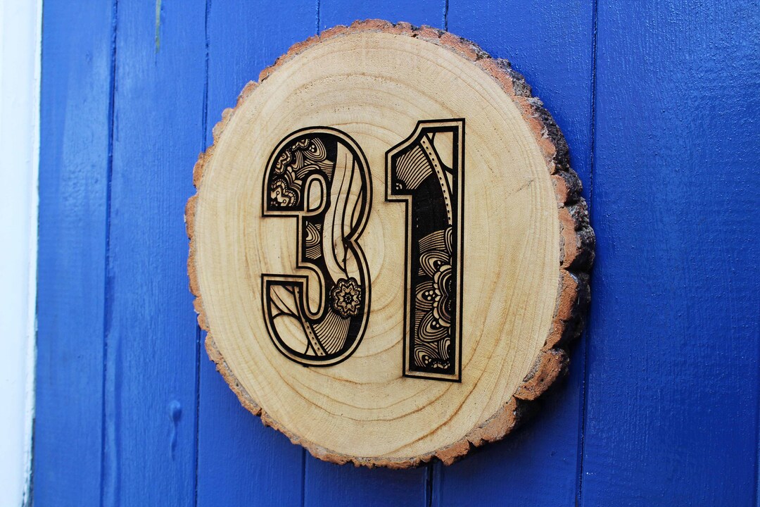 Large Decorative House Number Log Slice Rustic Handmade Wood Burning ...