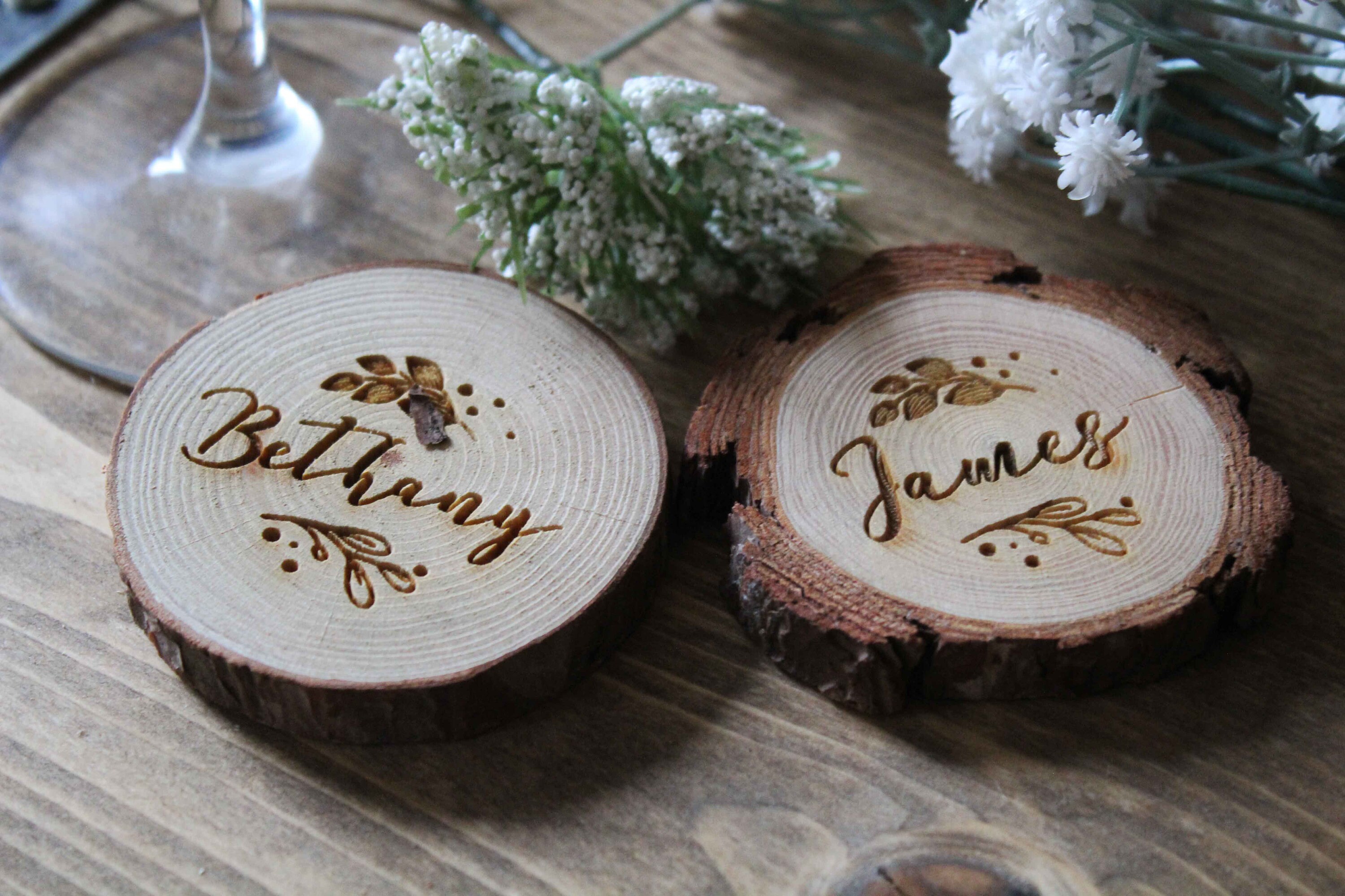 10 X Rustic Log Slice Place Names Personalised Engraved Burned Settings ...