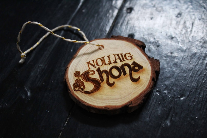 Nollaig Shona Christmas Ornament Wood Bauble Festive Log Slice Rustic ...