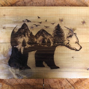 Bear Forrest Wooden Art Rustic Handmade Wood Burning Unique Poster ...