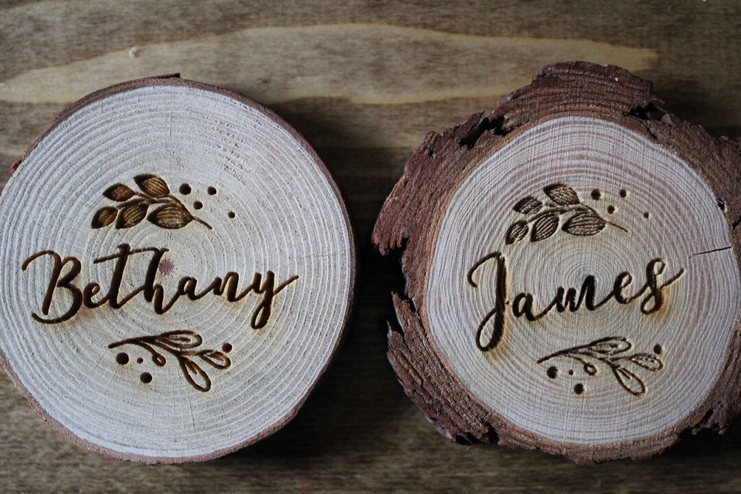 10 X Rustic Log Slice Place Names Personalised Engraved Burned Settings ...
