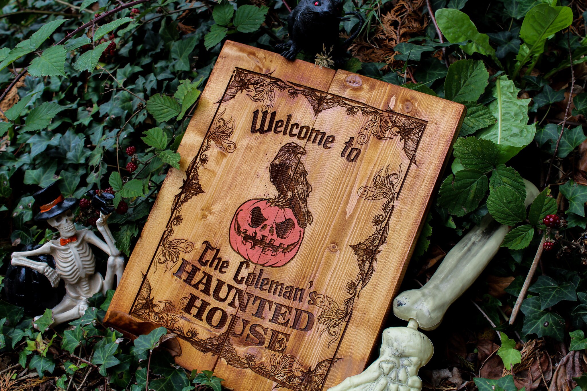 Personalised Haunted House wooden sign Halloween family name | Etsy