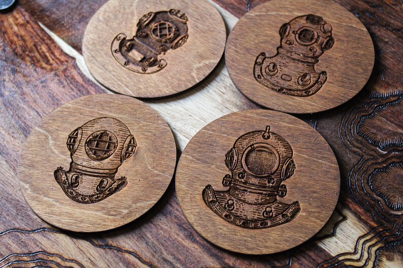 Vintage Diver Coasters Diving Bell Sea Nautical Wood Burning Pyrography ...
