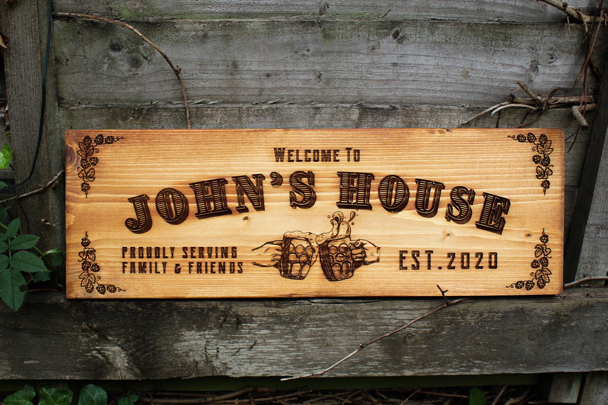 Personalised Wooden Bar Sign Pyrography Wood Burning Add Name Interior ...