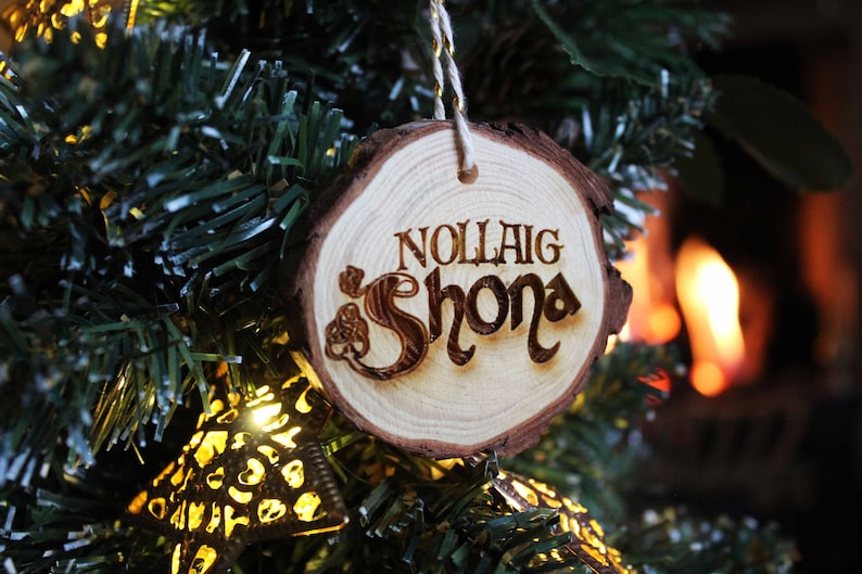 Nollaig Shona Christmas Ornament Wood Bauble Festive Log Slice Rustic ...