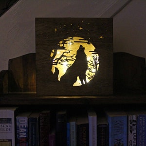 Howling Wolf Light Box Bedroom Rustic Wooden Pyrography Wood Burning ...