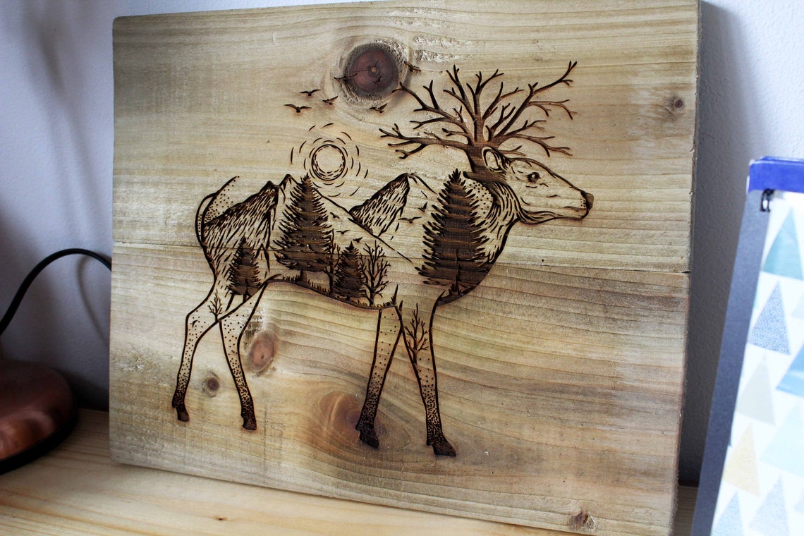Deer Forrest Wooden Art Rustic Handmade Wood Burning Unique Poster ...