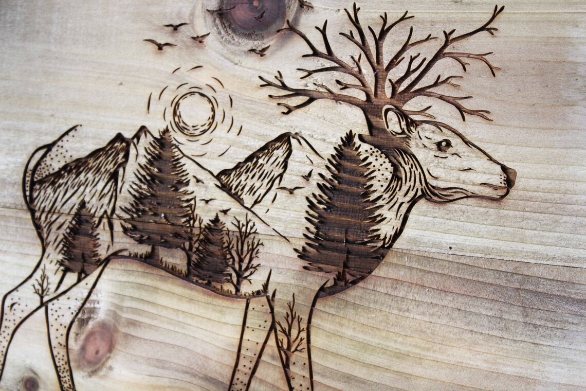 Deer Forrest Wooden Art Rustic Handmade Wood Burning Unique Poster ...