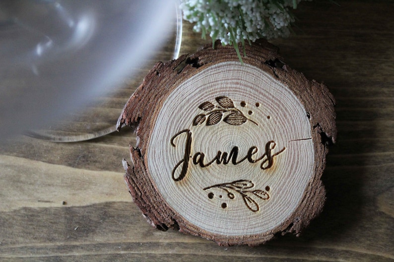 10 X Rustic Log Slice Place Names Personalised Engraved Burned Settings ...