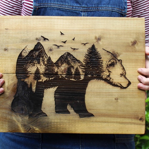 Bear Forrest Wooden Art Rustic Handmade Wood Burning Unique | Etsy