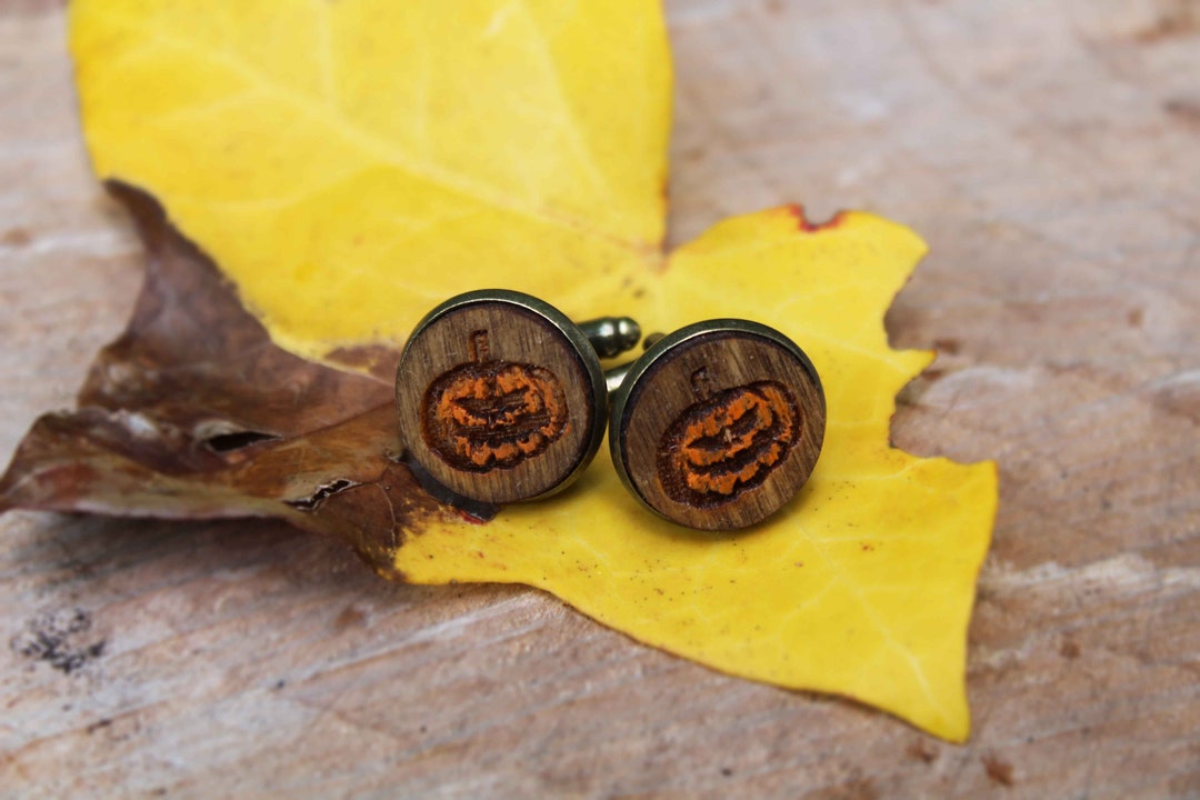 Pumpkin Cufflinks Wood Handmade Laser Engraved Unique Unusual Rustic ...