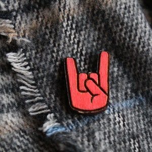 Rock Hand Wooden Pin Badge Music Lover Rocker Rock N Roll Funny Pin ...