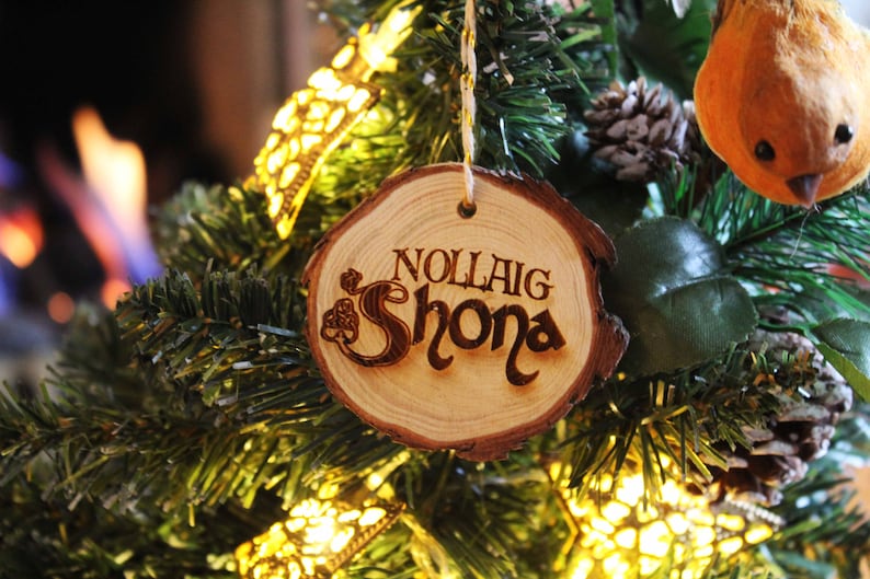 Nollaig Shona Christmas Ornament Wood Bauble Festive Log Slice Rustic ...