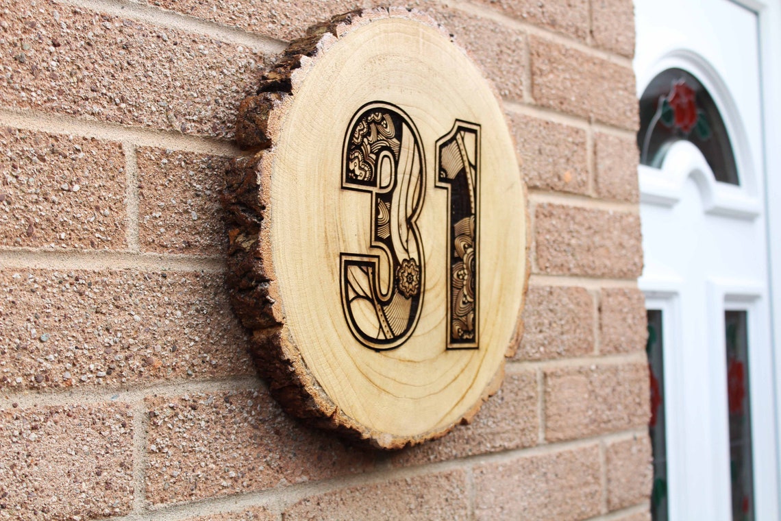 Large Decorative House Number Log Slice Rustic Handmade Wood Burning ...