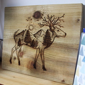 Deer Forrest Wooden Art Rustic Handmade Wood Burning Unique Poster ...