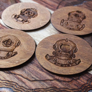Vintage Diver Coasters Diving Bell Sea Nautical Wood Burning Pyrography ...