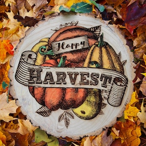 Happy Harvest Log Slice Sign Autumn Fall Thanksgiving Rustic Handmade ...