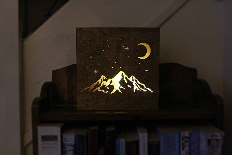 Snowy mountains light box Bedroom rustic wooden Pyrography | Etsy