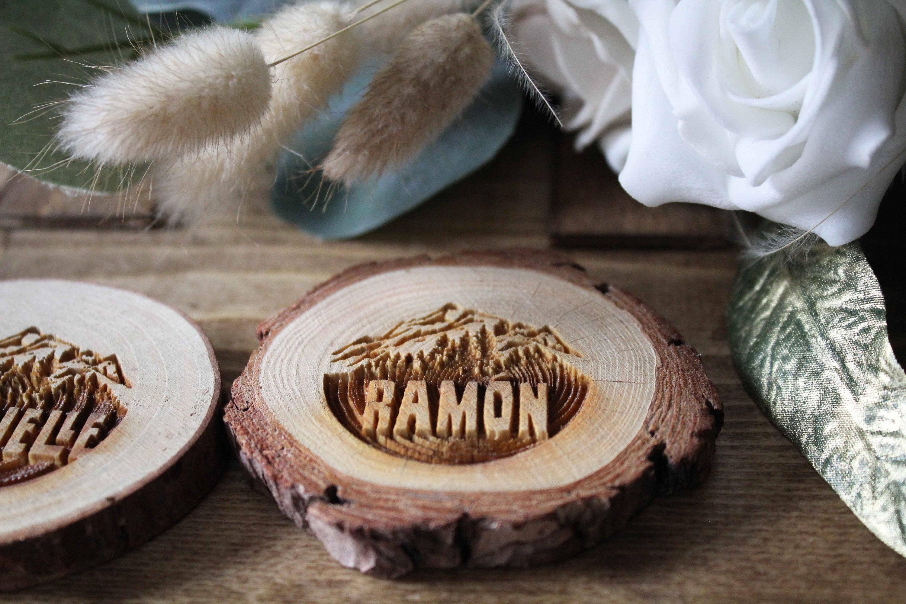 10 X Rustic Log Slice Place Names Personalised Wooden Burned Settings ...