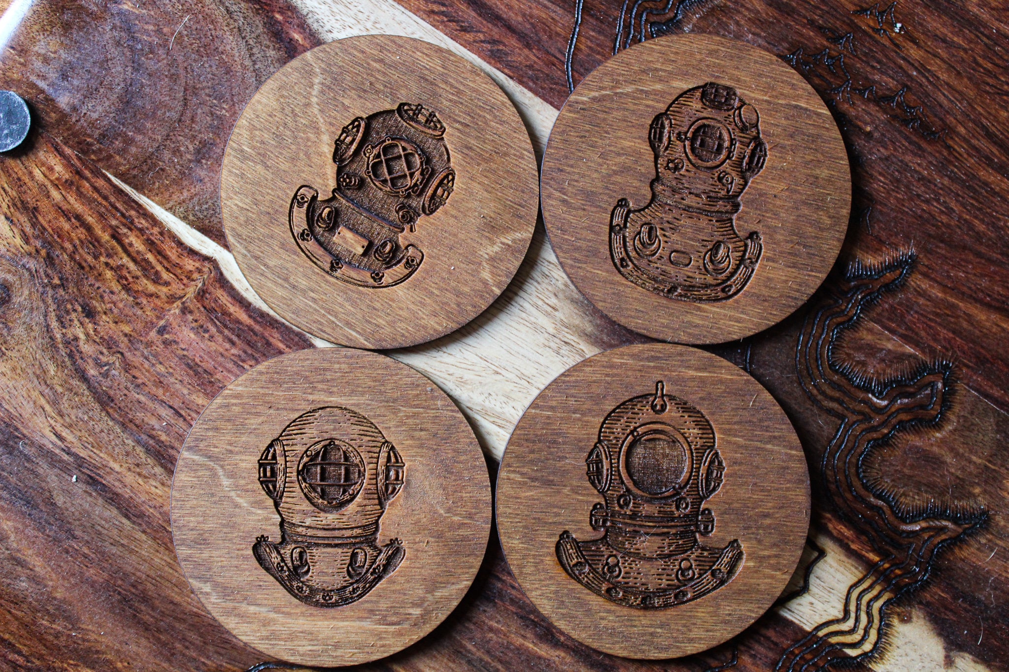 Vintage Diver Coasters Diving Bell Sea Nautical Wood Burning Pyrography ...
