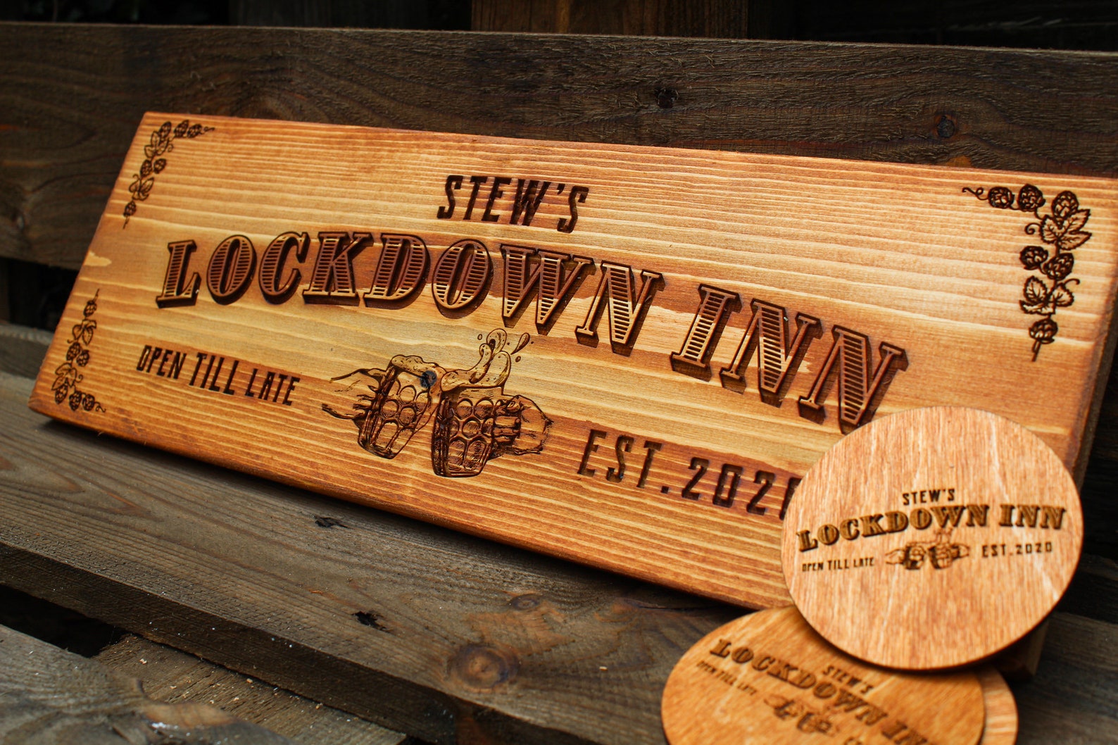 Personalised wooden bar sign Pyrography Wood Burning add name | Etsy