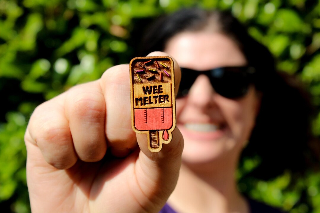 Wee Melter Wooden Pin Badge Wood Gift Fan Fab Handmade Pyrography Pins ...
