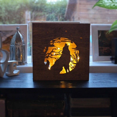 Howling Wolf Light Box Bedroom Rustic Wooden Pyrography Wood - Etsy UK