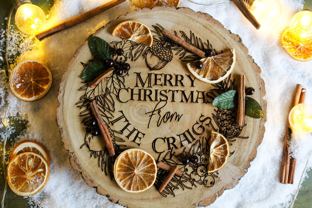 Personalised Christmas Log Slice Sign Family Wreath Rustic Handmade ...