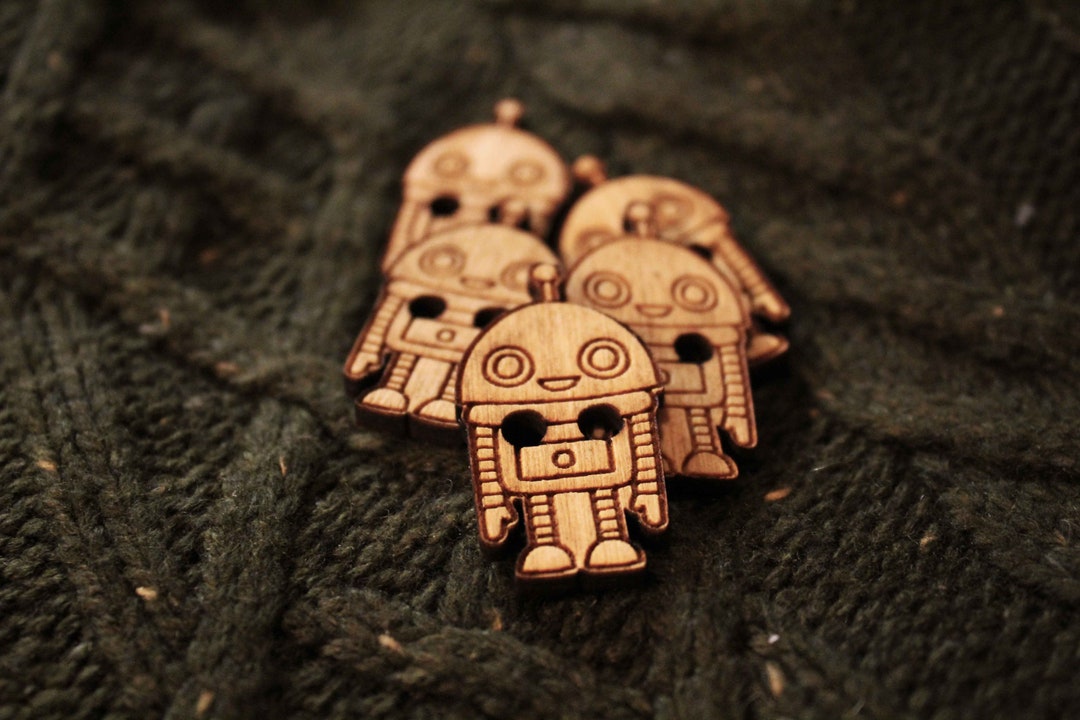 Wooden Kid Robot Buttons Wood Crafts Fun Button Flair Handmade Wood ...