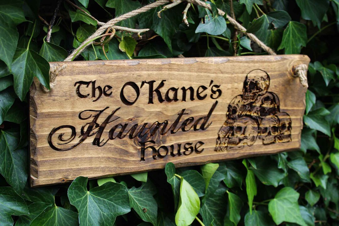 Personalised Haunted House Wooden Sign Halloween Family Name Pyrography ...
