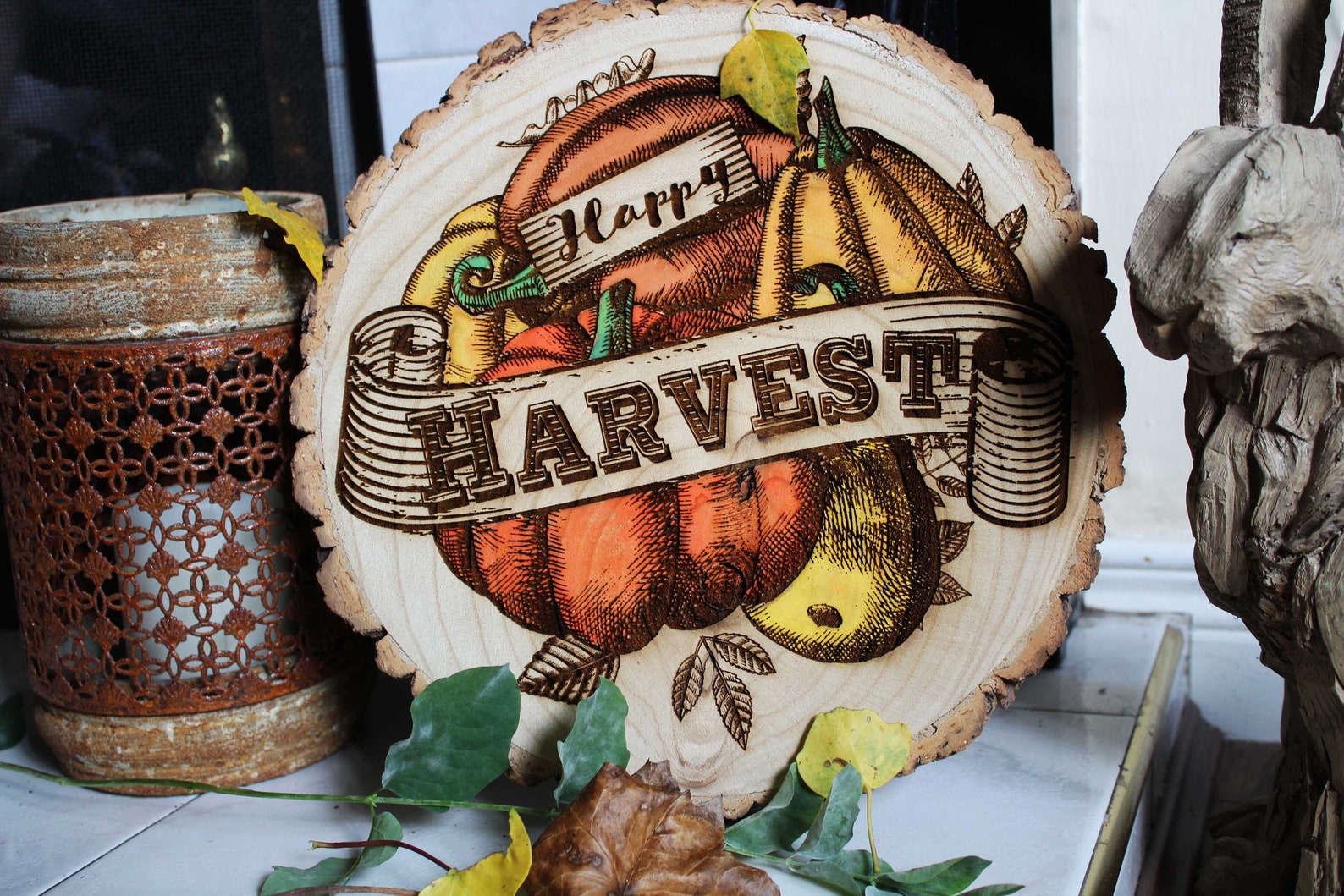 Happy Harvest Log Slice Sign Autumn Fall Thanksgiving Rustic - Etsy