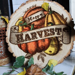 Happy Harvest Log Slice Sign Autumn Fall Thanksgiving Rustic Handmade ...